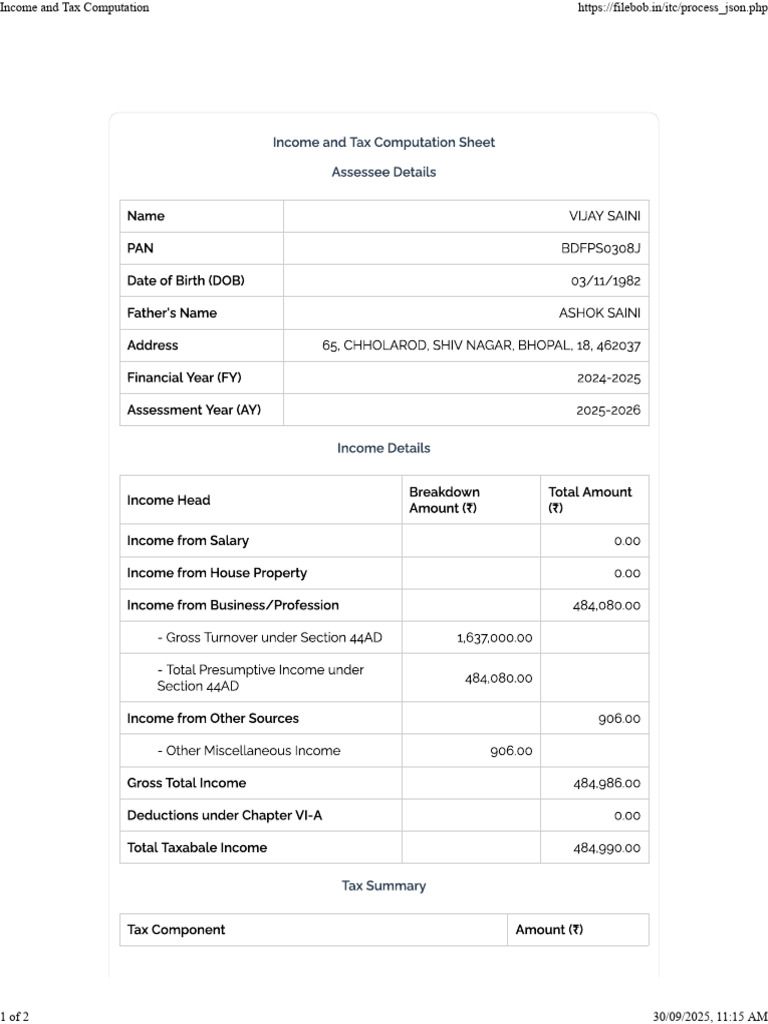 Income and Tax Computation | PDF
