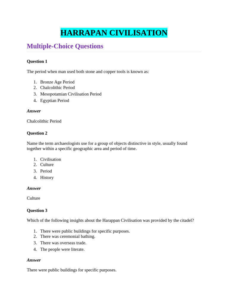 Harrapan Civilisation Backside Questions | PDF