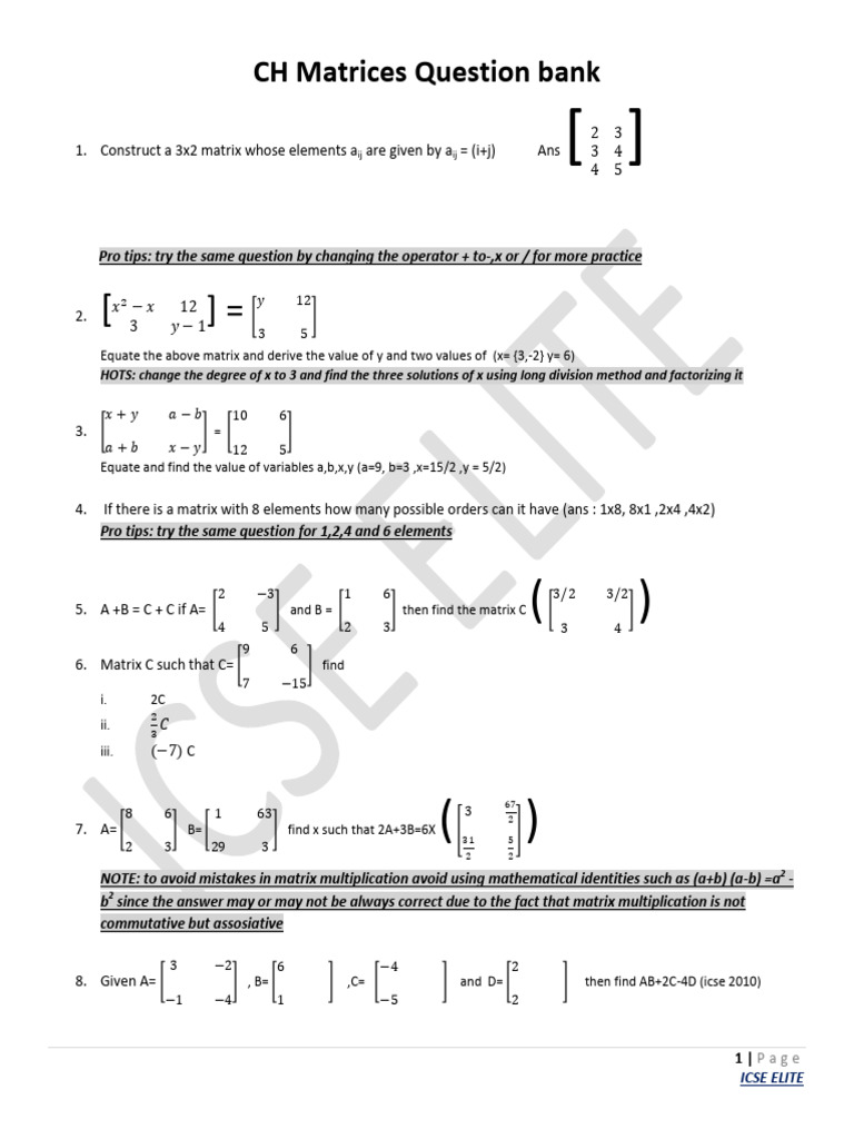 ICSE CH Matrices Practice Questions | PDF | Matrix (Mathematics ...