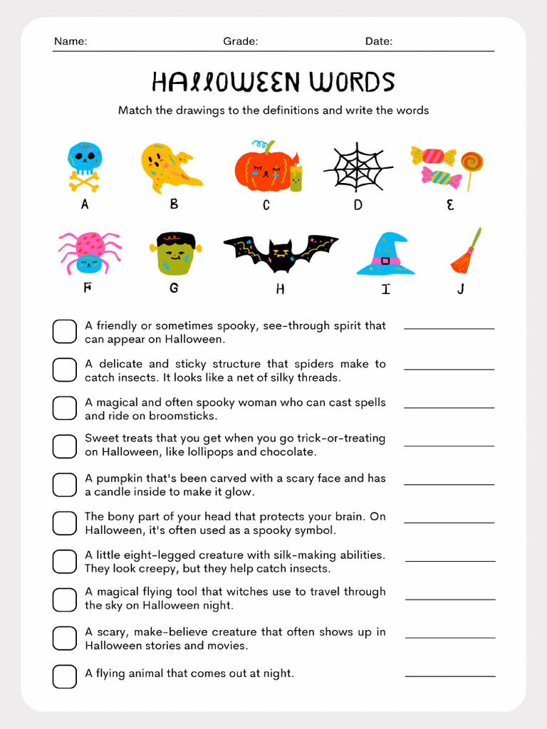 Halloween Words Activity Worksheet in Colorful Playful Style | PDF