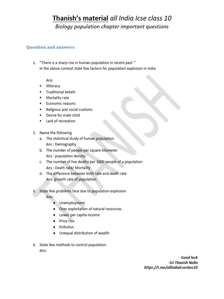 ICSE Class 10 Biology: Population Questions | PDF | Human Reproduction ...