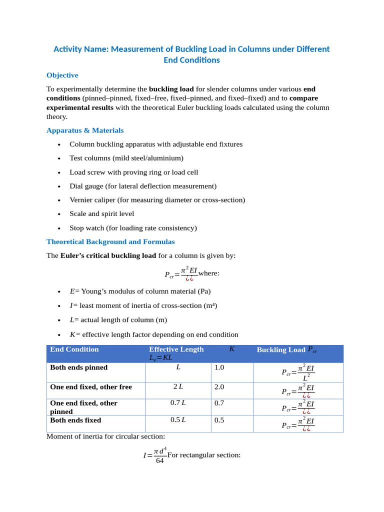 Buckling Load Measurement in Columns | PDF | Buckling | Column