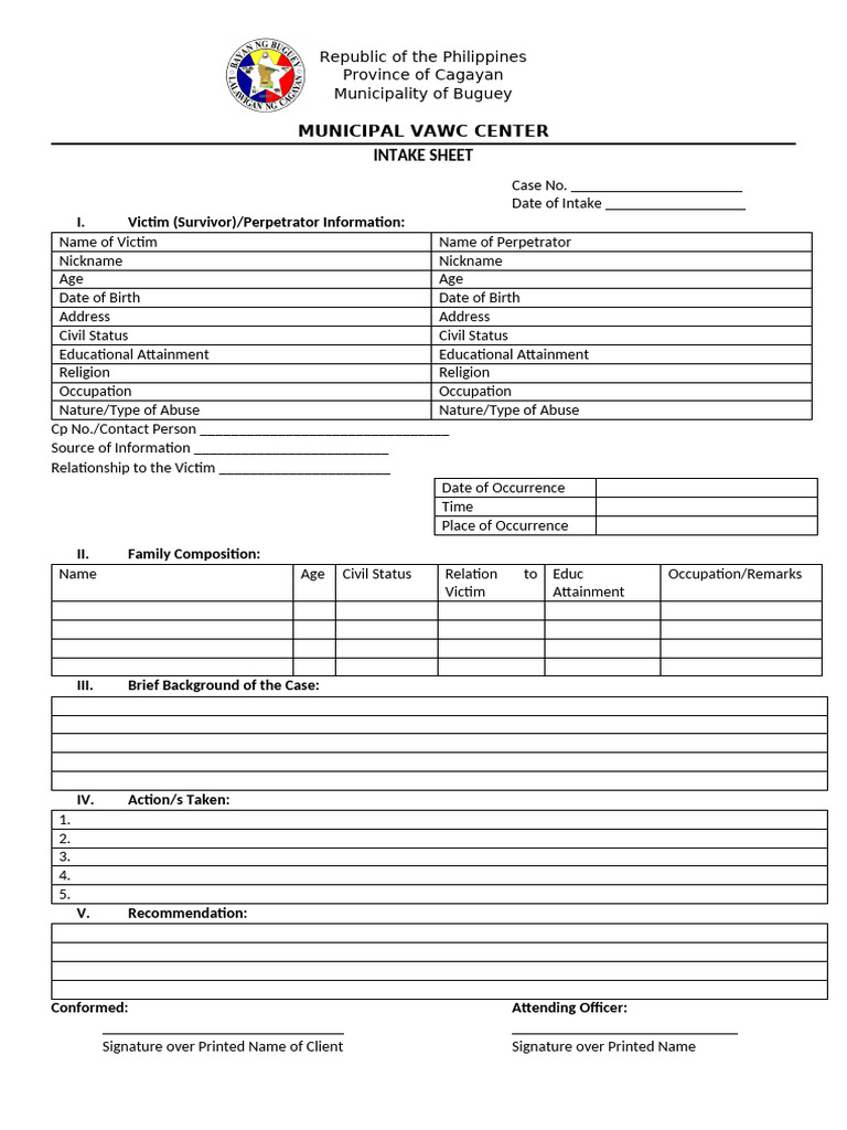 VAWC Intake Sheet | PDF