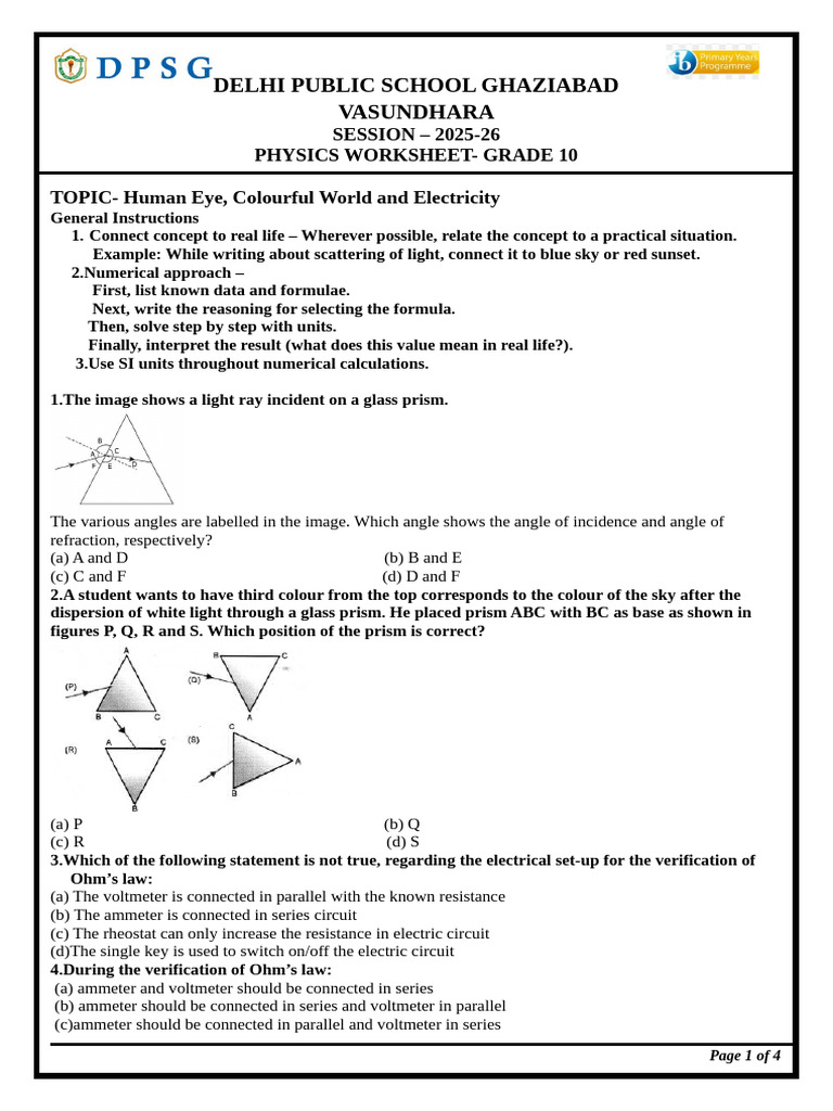 Grade 10 Physics Worksheet: Human Eye & Electricity | PDF | Electric ...