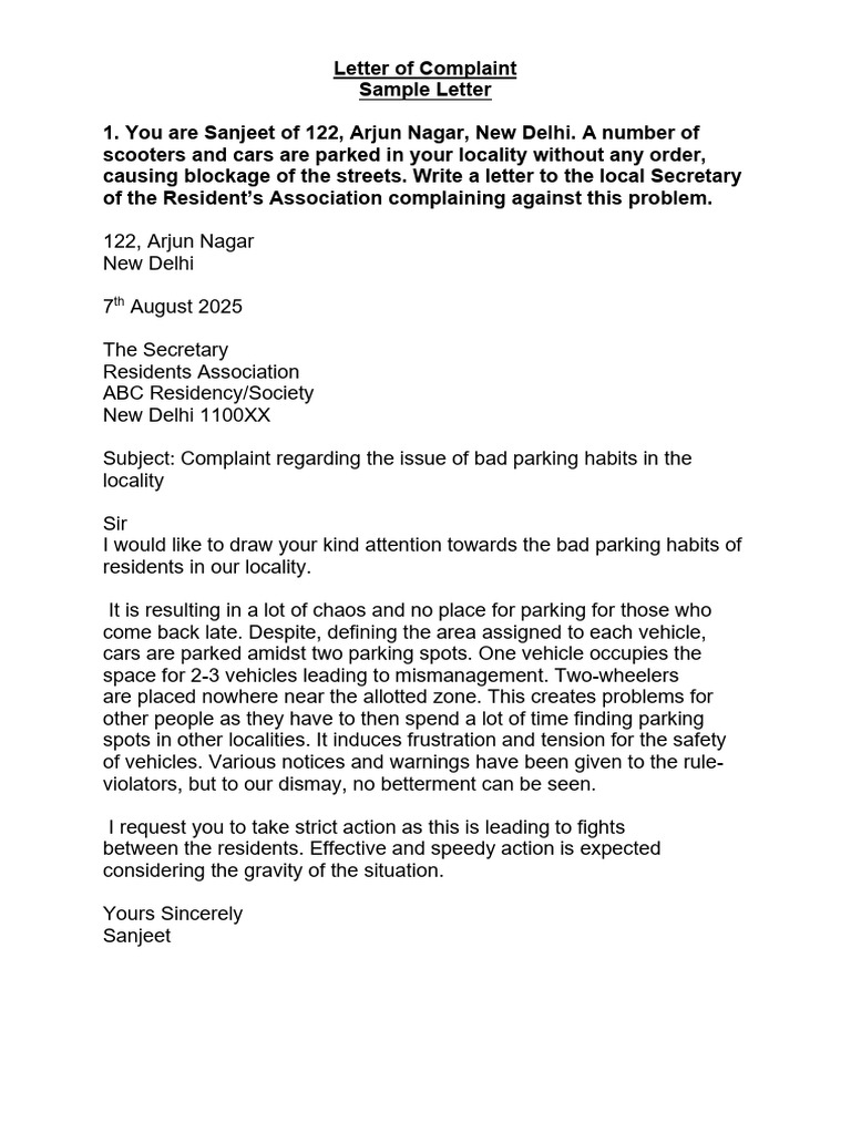 Parking Complaint to Residents Association | PDF
