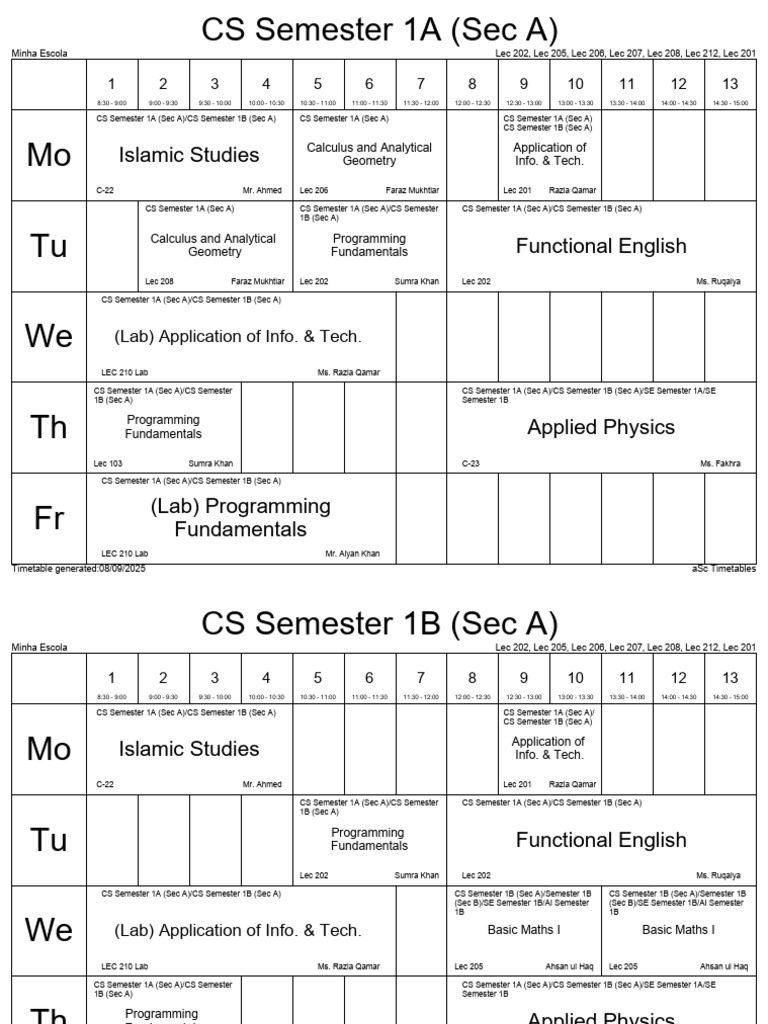 CS Semester 1 Timetable 2025 | PDF | Computing | Applied Mathematics