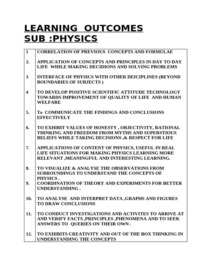 Physics Learning Outcomes and Applications | PDF