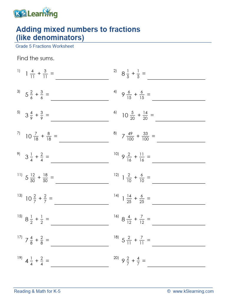 Grade 5 Adding Mixed Numbers Fractions Like Denominators A | PDF | Mathematical Concepts ...
