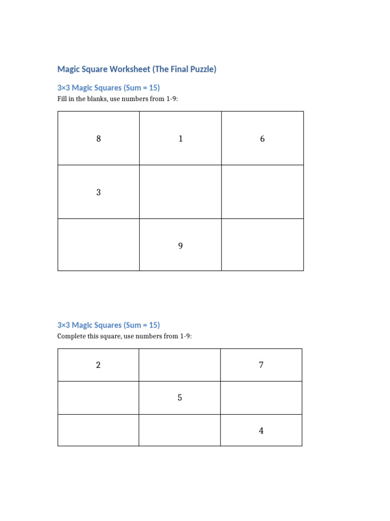 3x3 and 4x4 Magic Square Worksheets | PDF | Recreational Mathematics ...