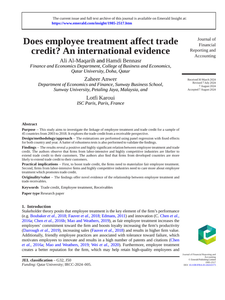 Does Employee Treatment Affect Trade Credit An International Evidence ...