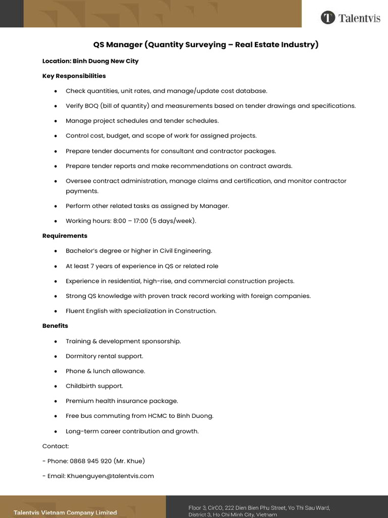 QS Manager - JD From Talentvis | PDF
