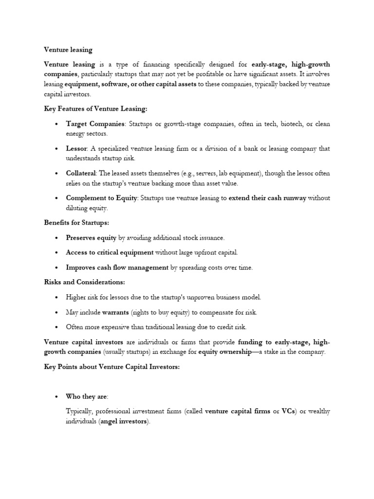 Venture Leasing for Startups Explained | PDF