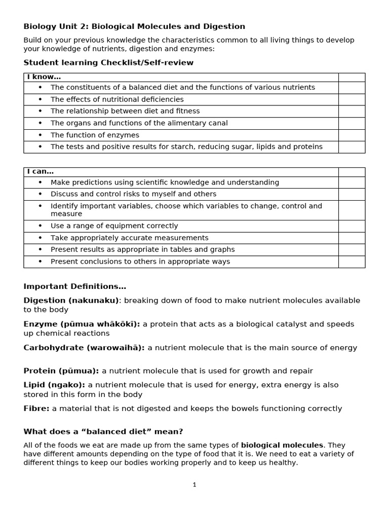 Biology Unit 2 Biological Molecules and Digestion - 2021 | PDF ...