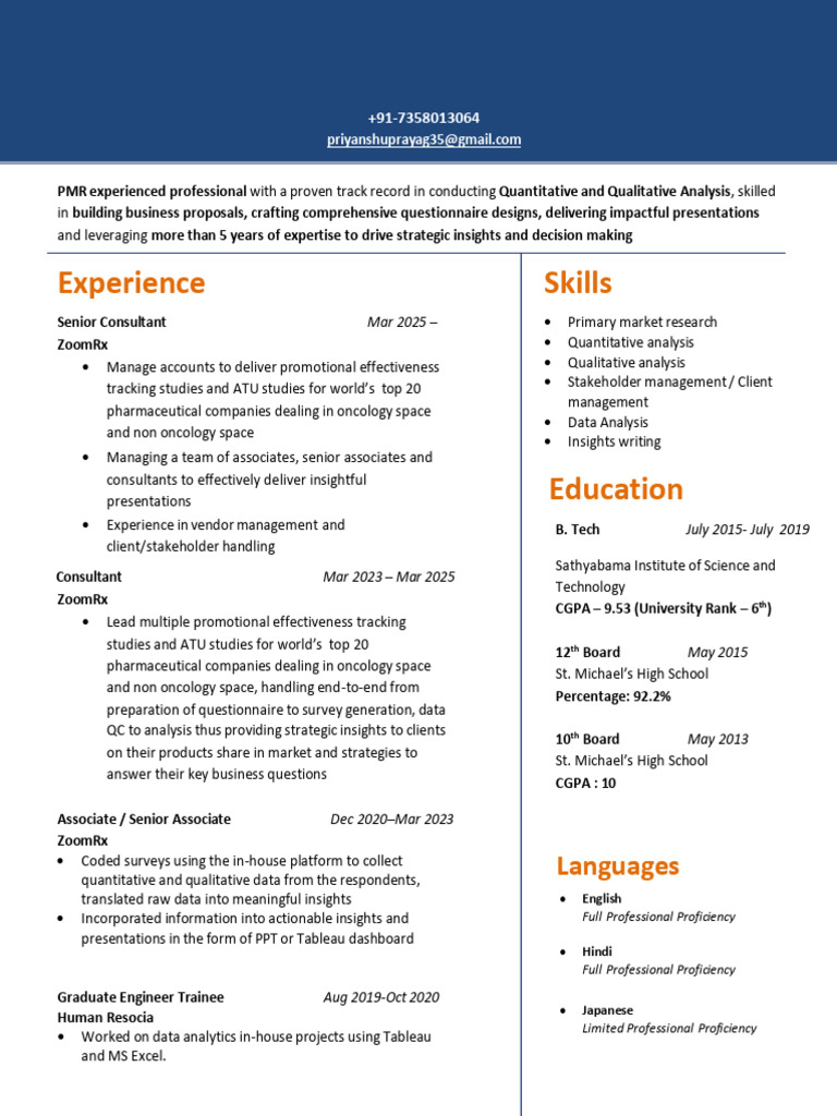 Resume Priyanshu Prayag Updated | PDF | Marketing Research | Methodology