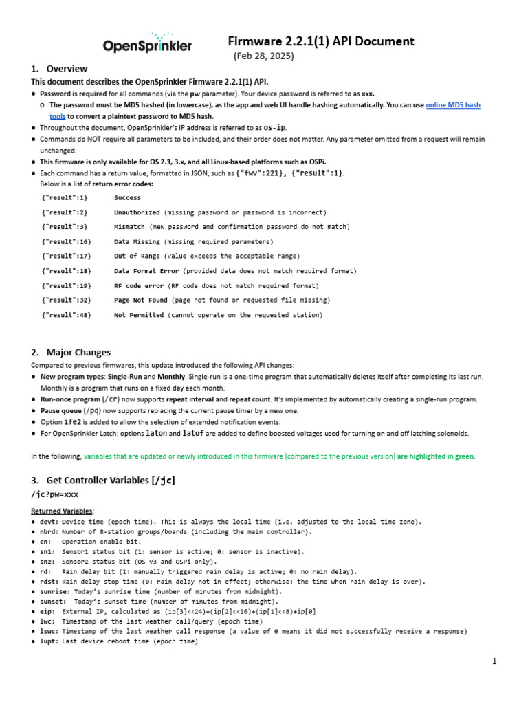OpenSprinkler Firmware 2.2.1(1) API Guide | PDF | Integer (Computer ...