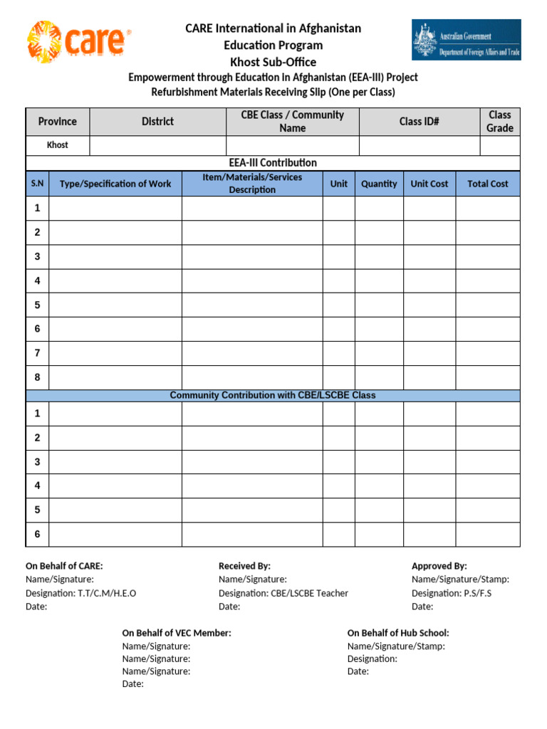 Refurbishment Materials Receiving Slip | PDF