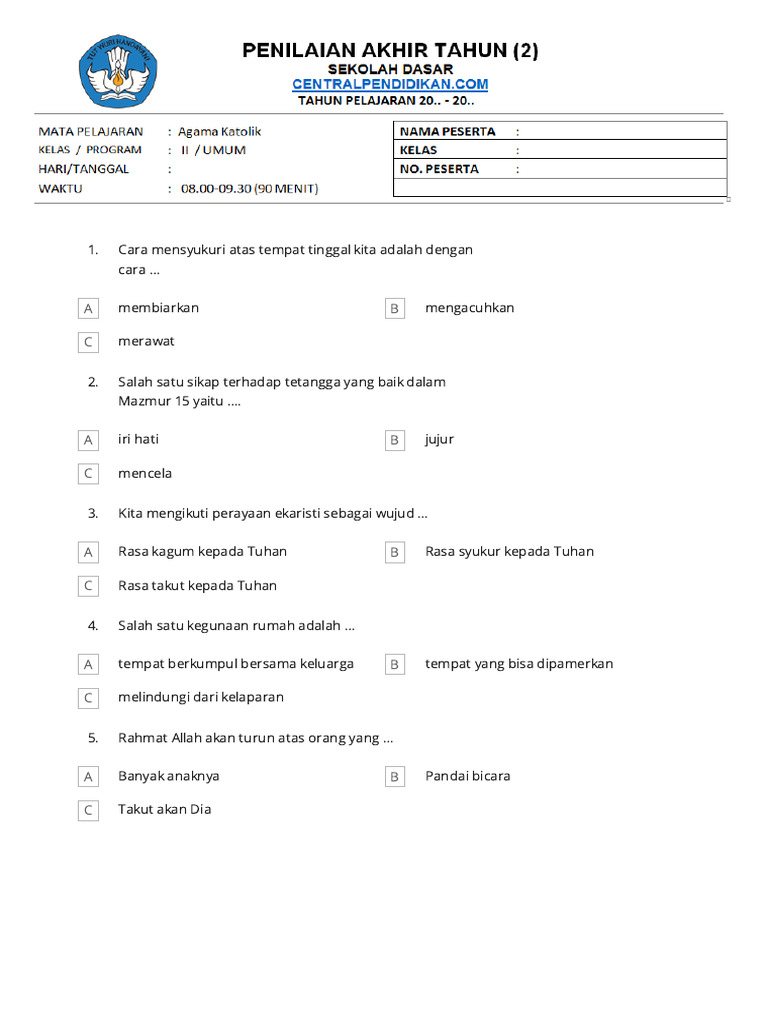 PAT Agama Katolik Kelas 2 v2 | PDF