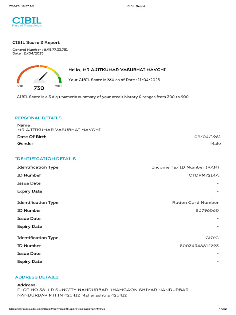 CIBIL Score Report for Ajitkumar 730 | PDF | Line Of Credit | Credit
