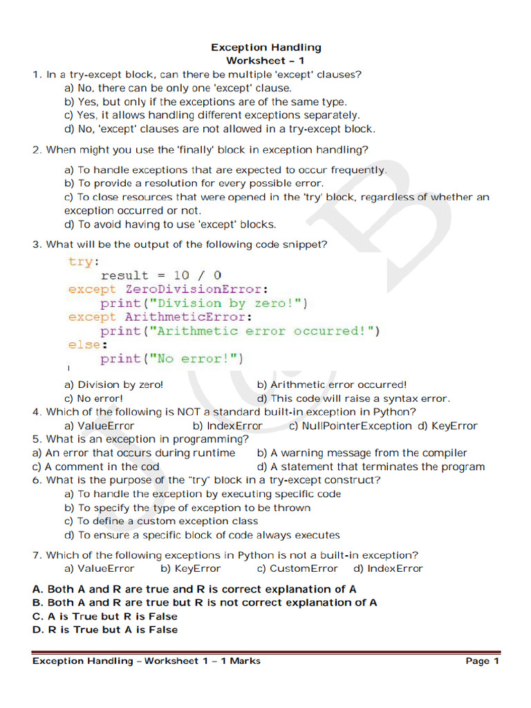 Exception Handling - Worksheet 1 - 1 Marks | PDF