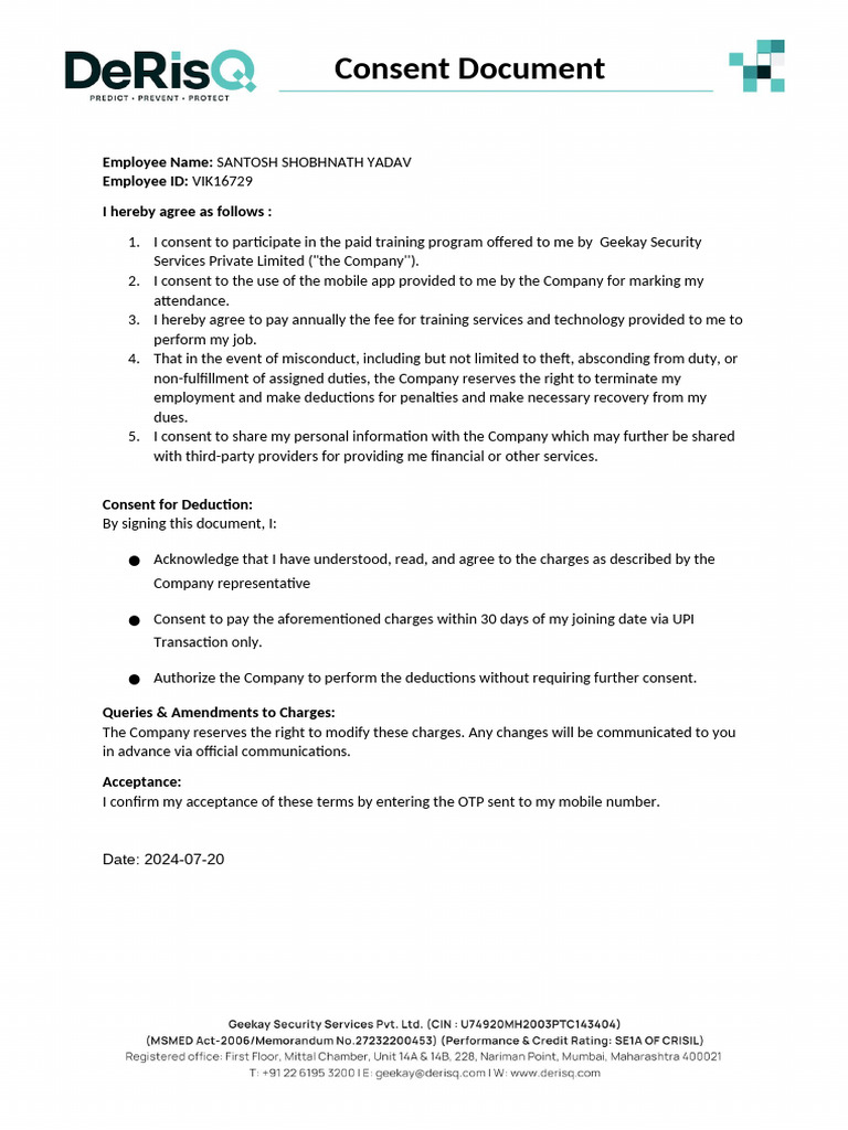 Employee Consent Document for Training | PDF