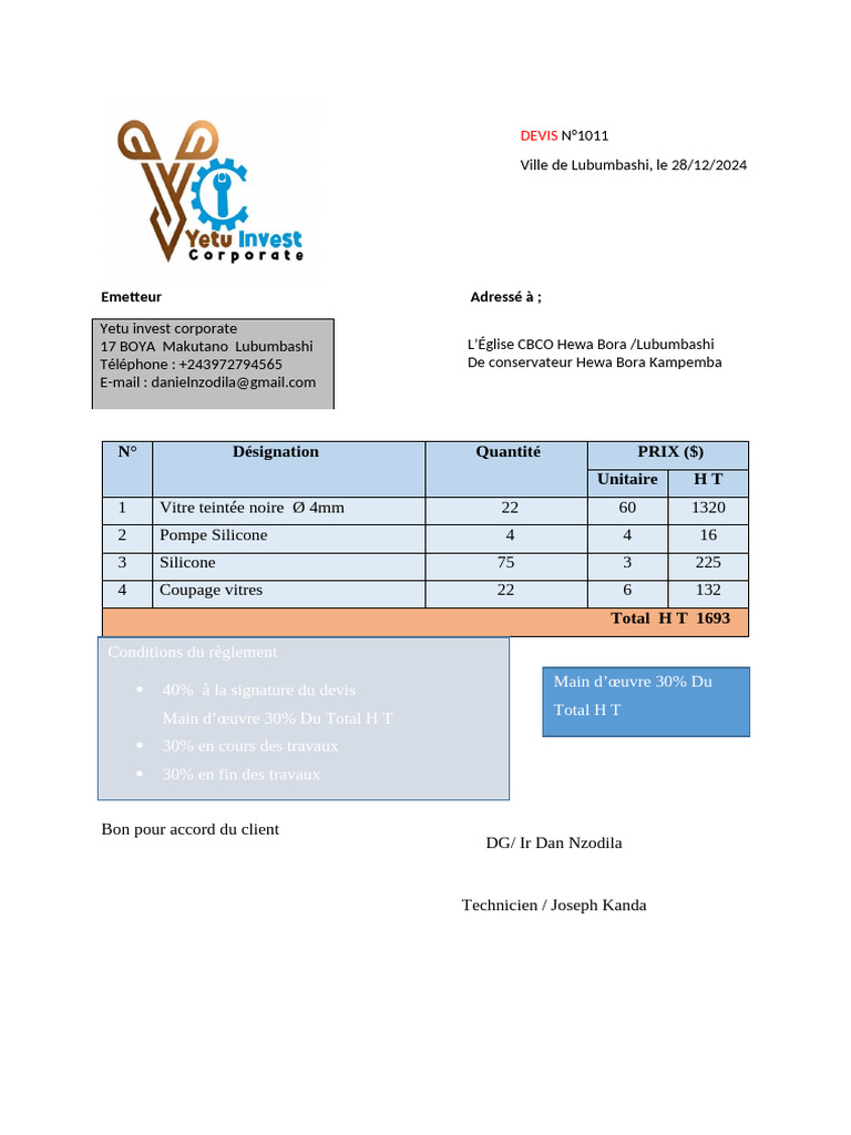 Devis Hewa Bora Lubumbashi 2024 | PDF