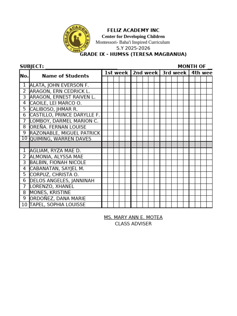 Advisory Class Humss Attendance Sheet 2025 2026 | PDF