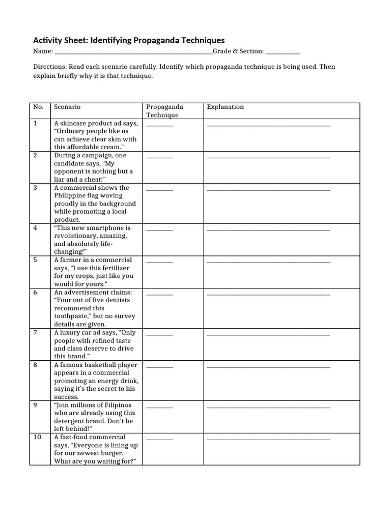 Propaganda Techniques Activity Sheet | PDF