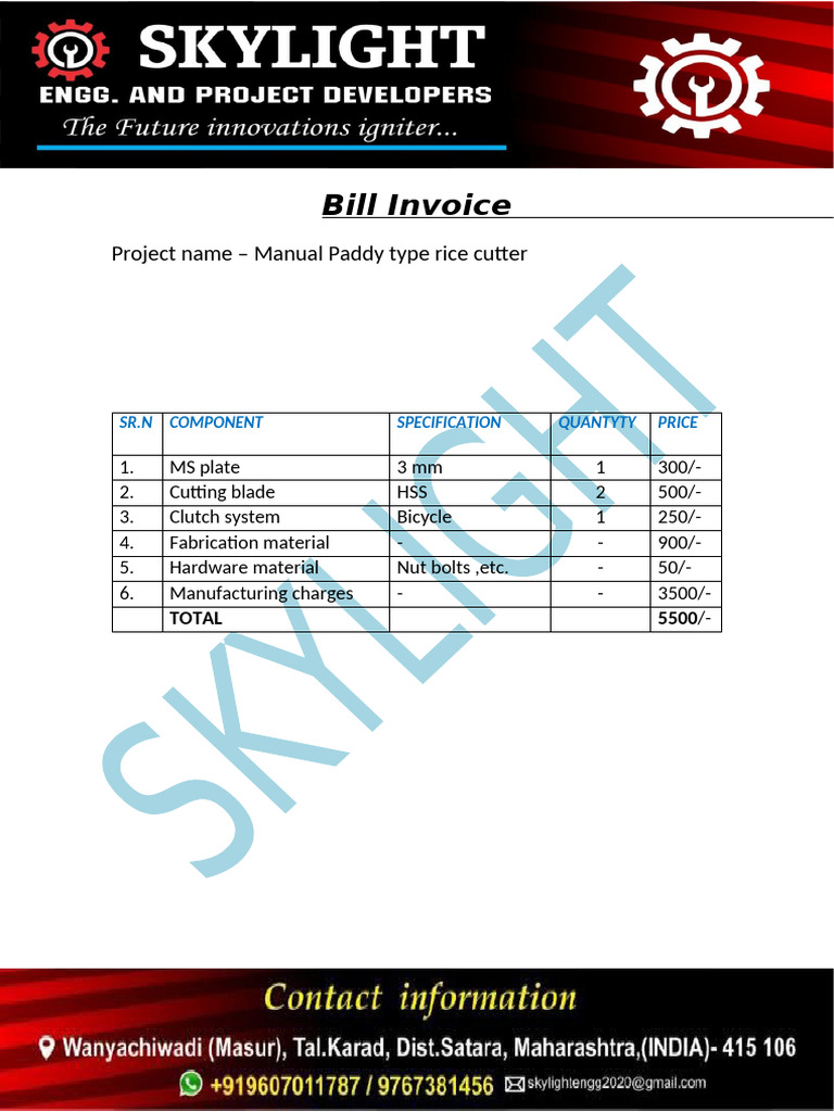 Manual Paddy Cutter Invoice Breakdown | PDF