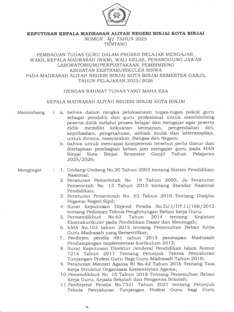 SK Pembagian Tugas Semester Ganjil 2025-2026 | PDF