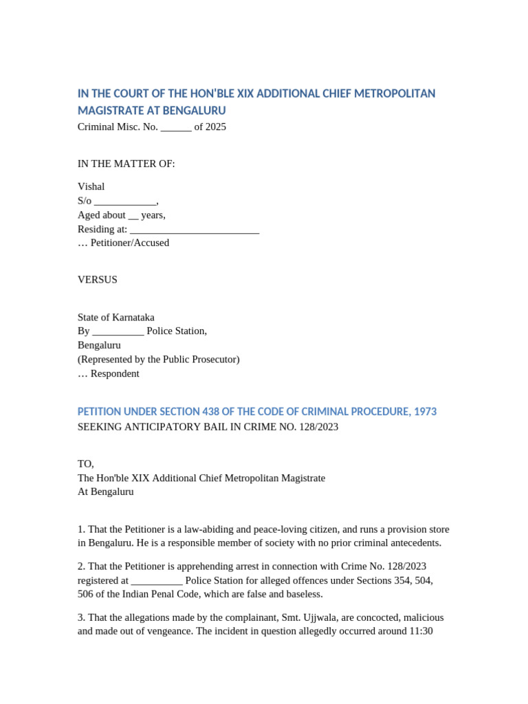 Anticipatory Bail Petition in Bengaluru | PDF | Bail | Crimes