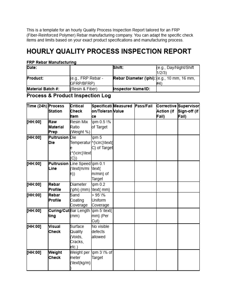 Hourly Quality Inspection Report for FRP Rebar | PDF | Fibre Reinforced ...