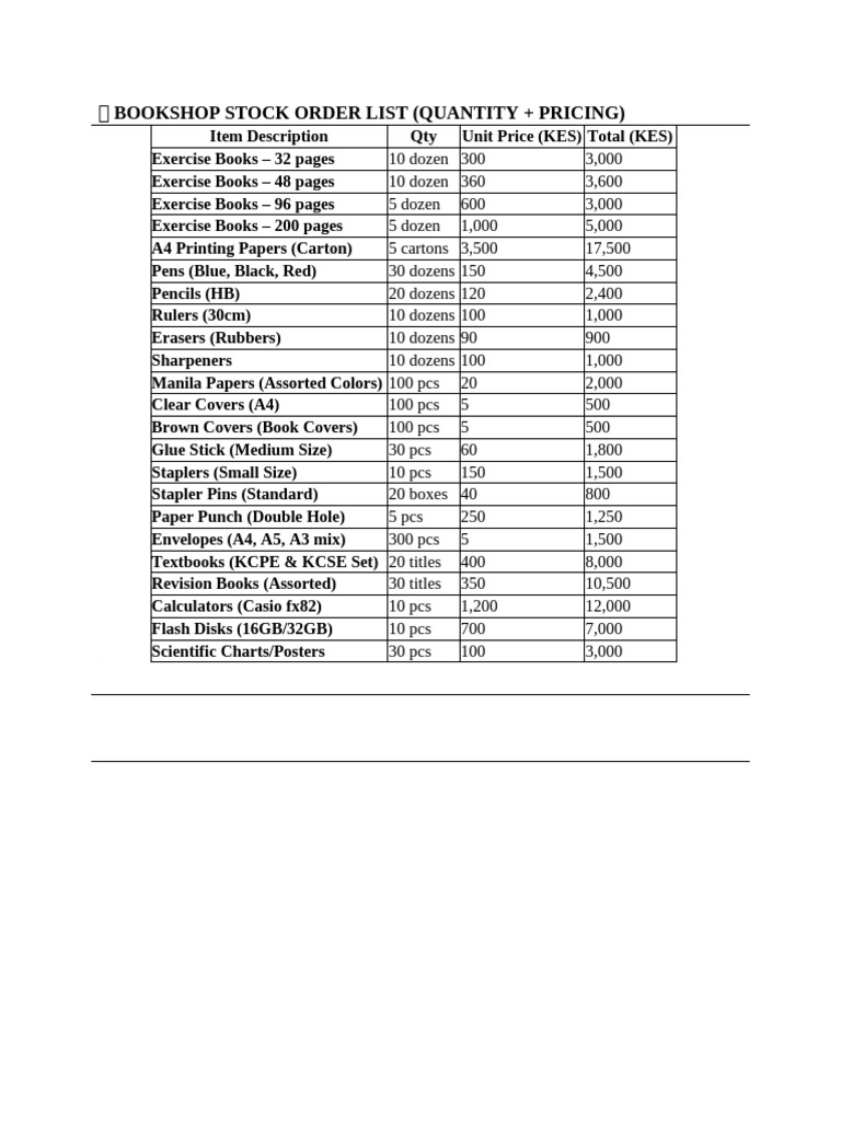 Bookshop Stock Order List & Pricing | PDF