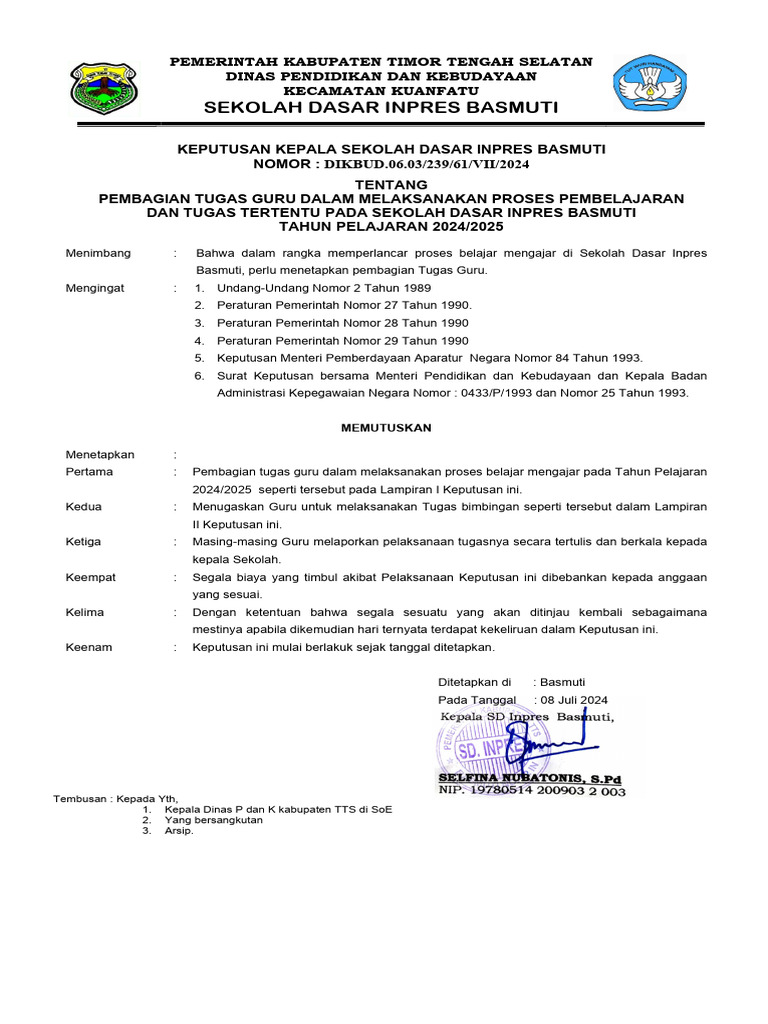 SK Pembagian Tugas Mengajar Tahun 2024-2025 | PDF