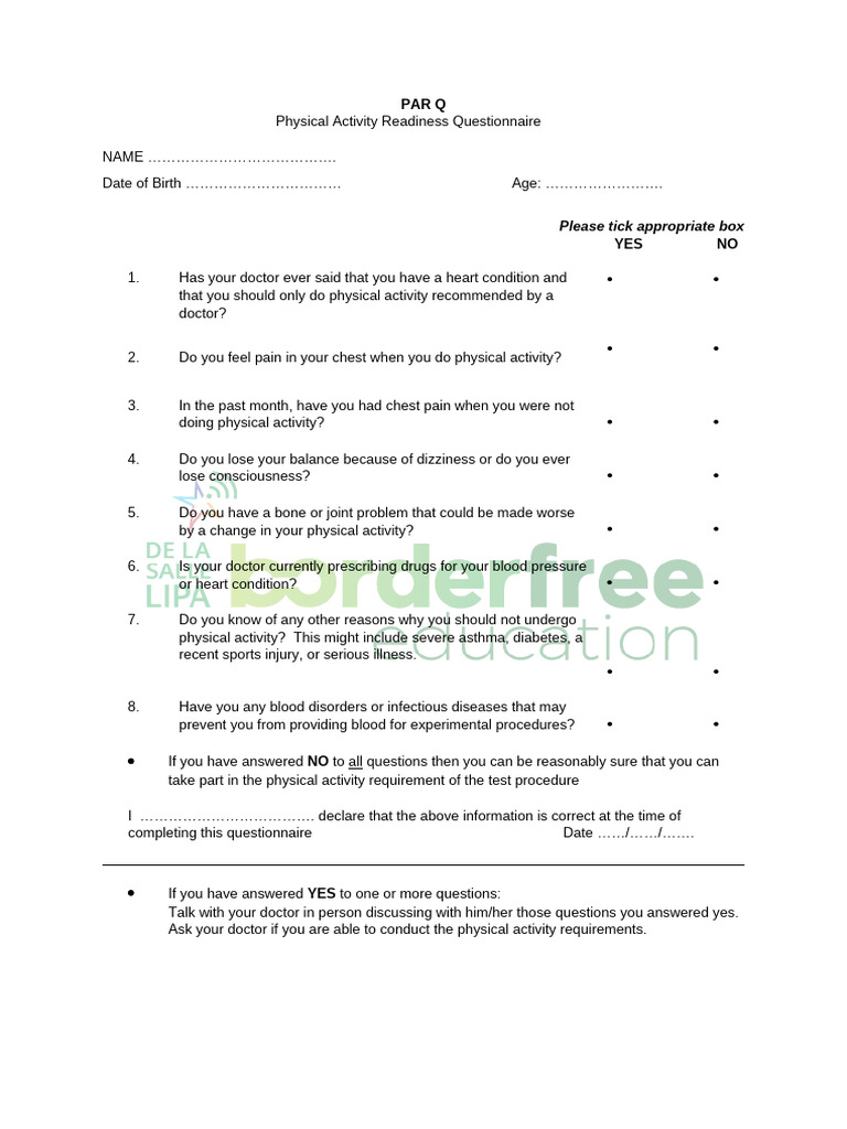 Physical Activity Readiness Questionnaire | PDF