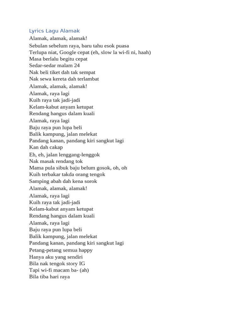 Lyrics Lagu Alamak | PDF