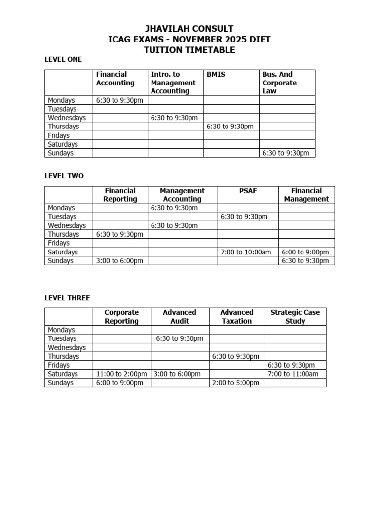 ICAG November 2025 Exam Timetable | PDF