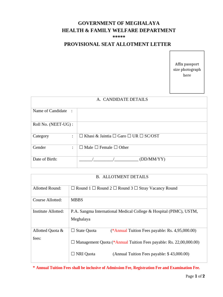 Meghalaya MBBS Provisional Allotment Letter | PDF
