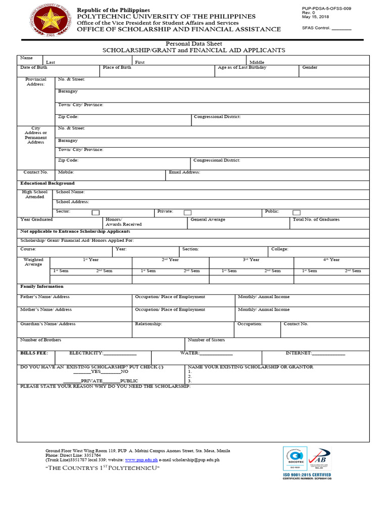 Application Form Pup Pdsa 5 Ofss 009 | PDF