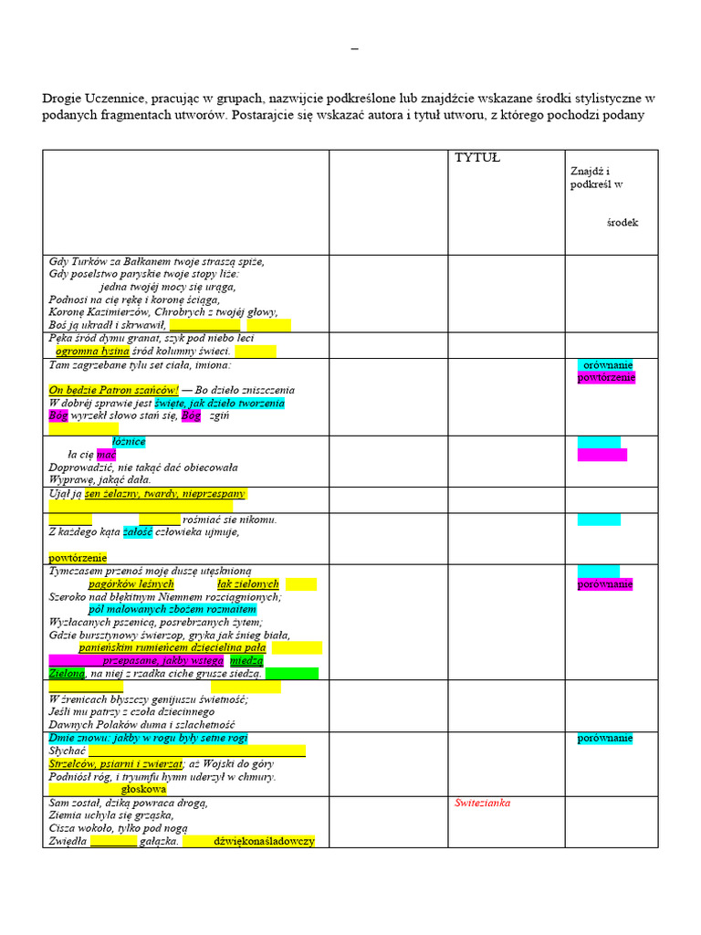 Środki Stylistyczne - Karty Pracy ODPOWIEDZI PDF | PDF