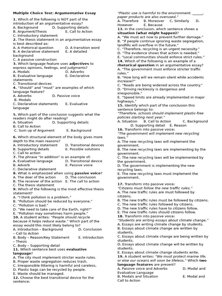Argumentative Essay Test Questions | PDF | Essays | Waste