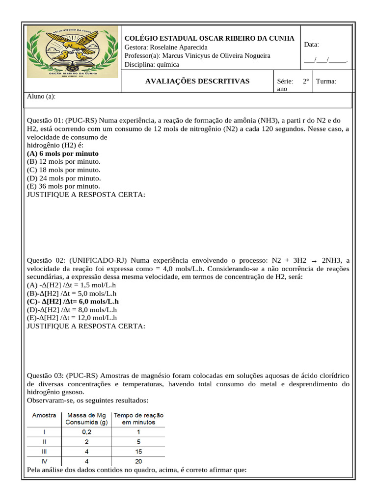 2 Ano Química - Professor Marcus | PDF | Mol (unidade) | Reações químicas