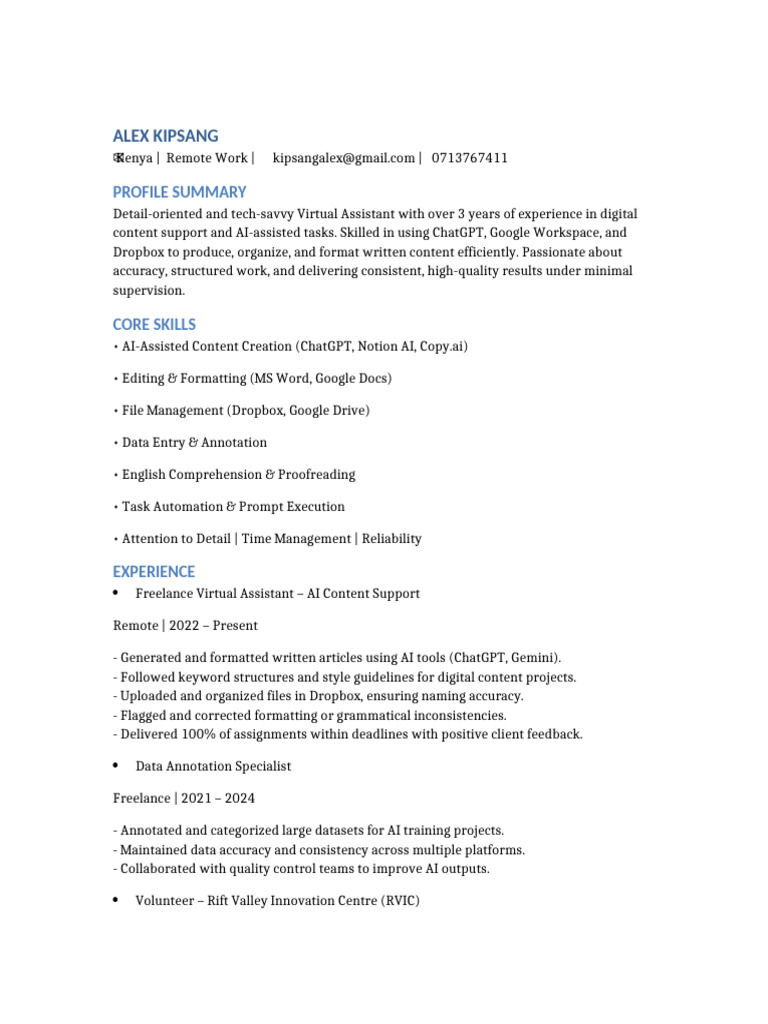 Alex Kipsang CV AI Content VA (1) | PDF