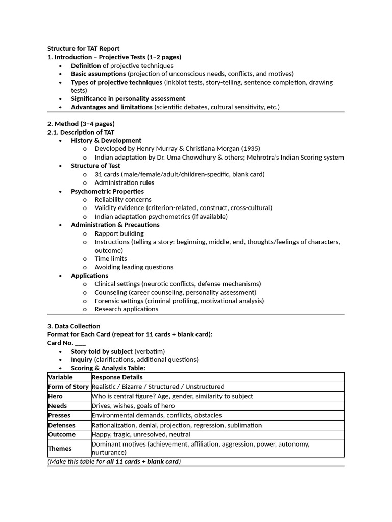 TAT Report Structure and Analysis Guide | PDF | Psychology ...