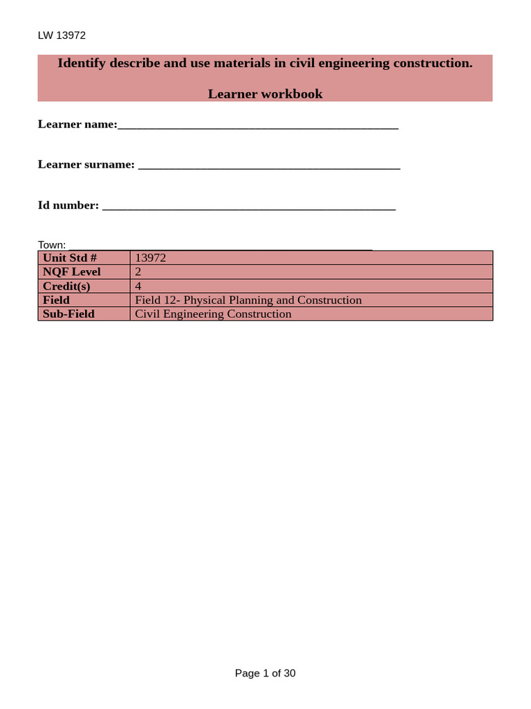 SAQA-13972 Learner Workbook | PDF | Concrete | Mortar (Masonry)