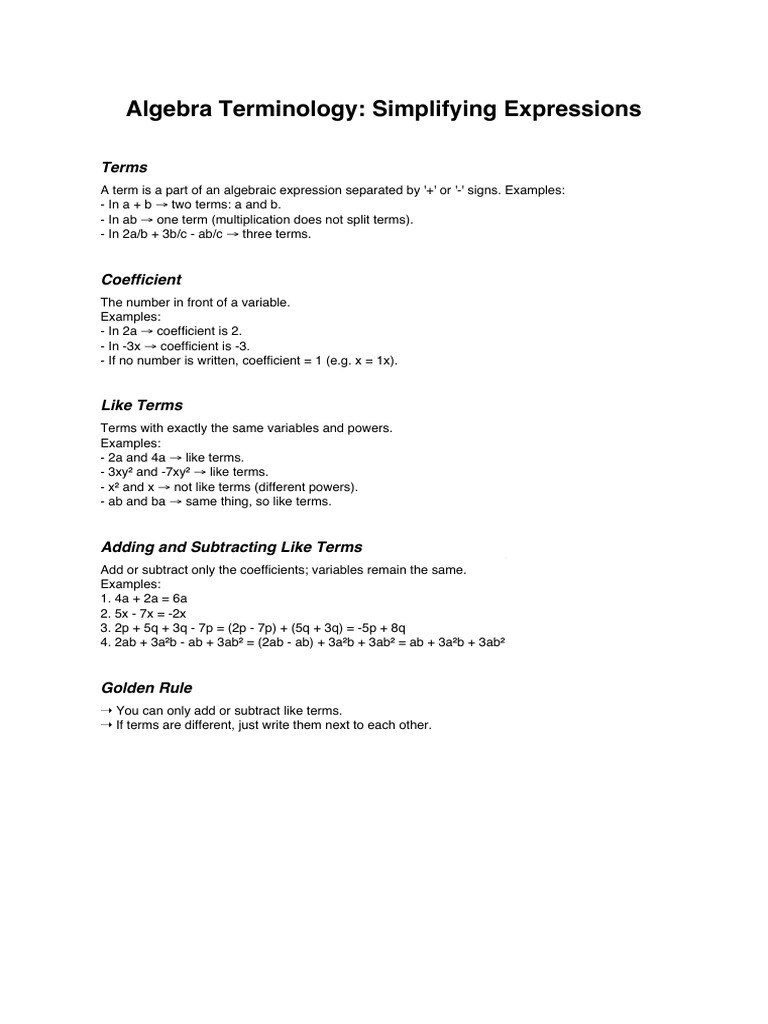 Algebra Terms: Simplifying Expressions | PDF