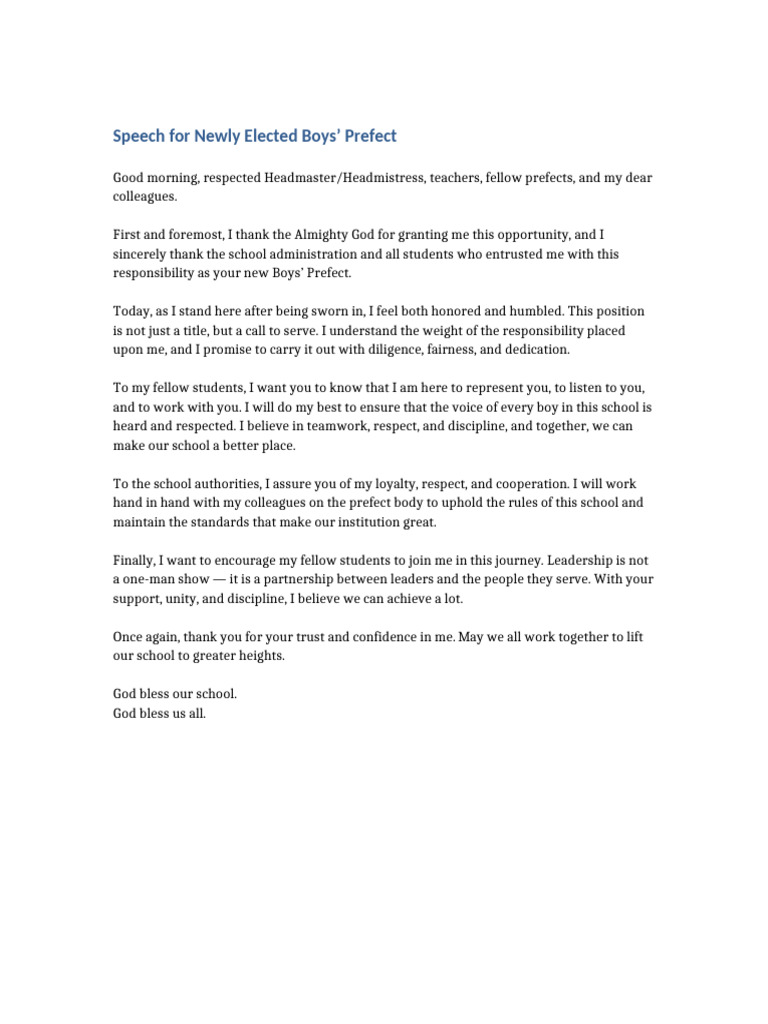 Boys' Prefect Inaugural Speech | PDF
