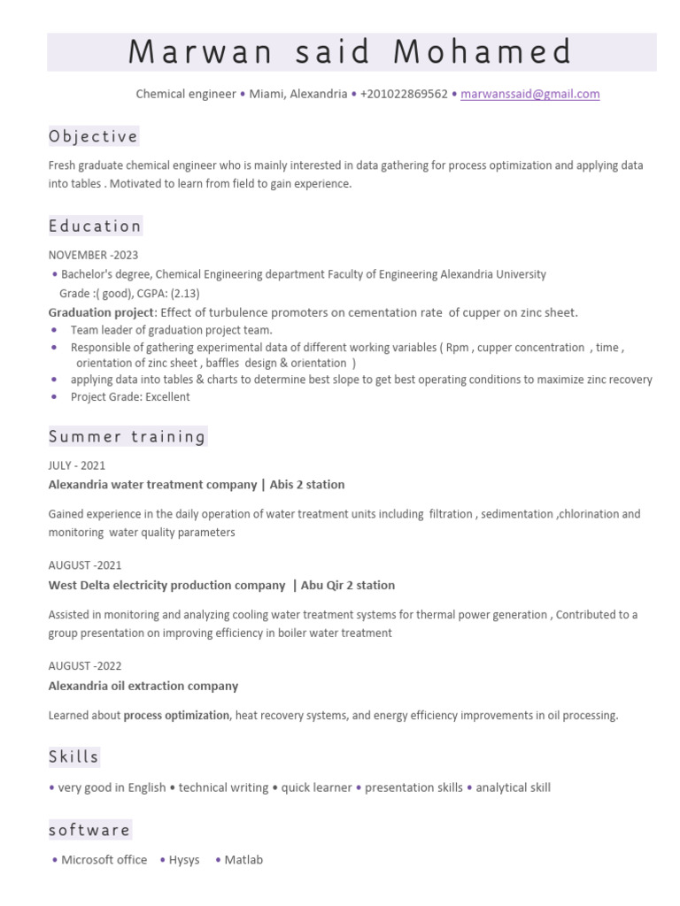 Fresh Graduate Chemical Engineer Resume | PDF