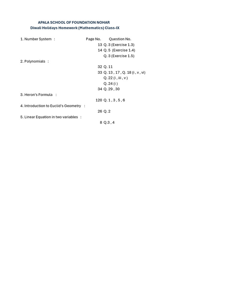 Diwali Math Homework Class IX | PDF