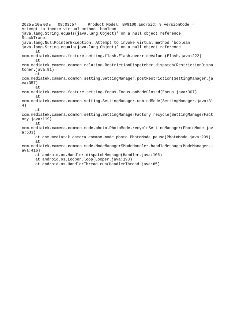 BV9100 NullPointerException Error Log | PDF