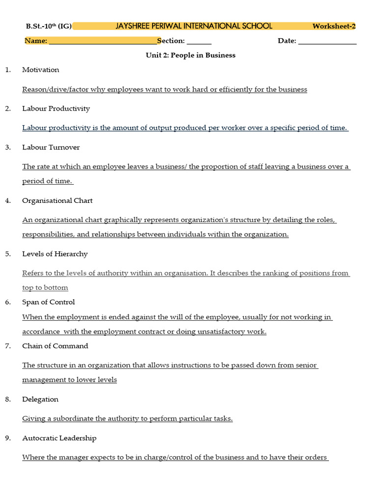 Definitions Unit 2 People in Business | PDF | Employment | Workforce ...